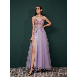 Robe De Bal Longue Haut Transparente Perle Tulle Parme Avec Fente Fine ...