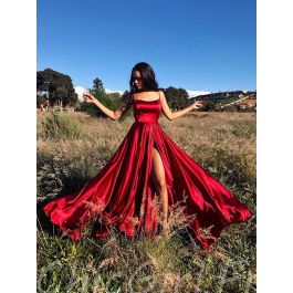 Robe soirée pas cher de bal longue rouge Soie Bretelle Spaghetti avec ...